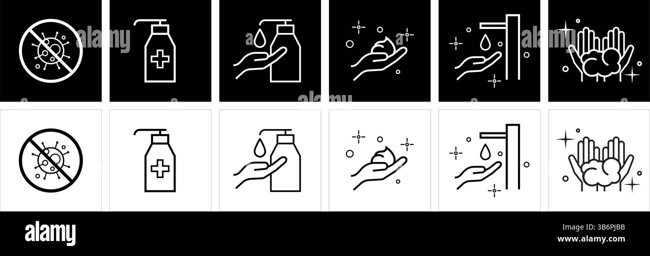 Hand hygiene and sanitization icons in black and white Stock Vector ...