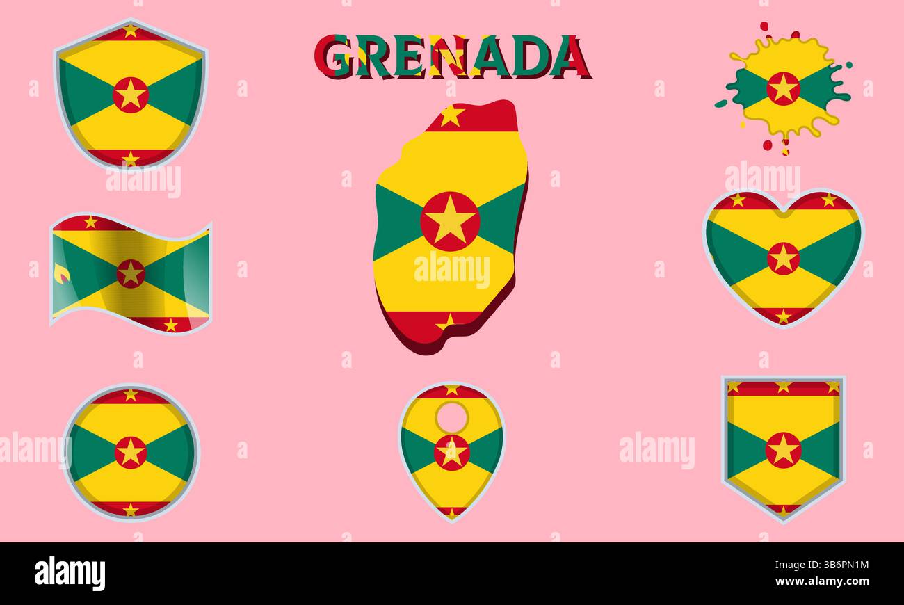 Collection of flags and coats of arms of Grenada in flat style with map ...