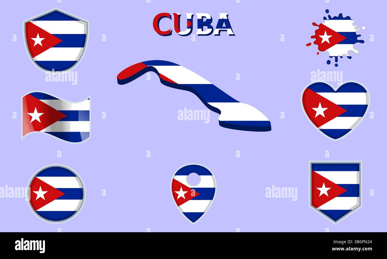 Collection of flags and coats of arms of Cuba in flat style with map ...