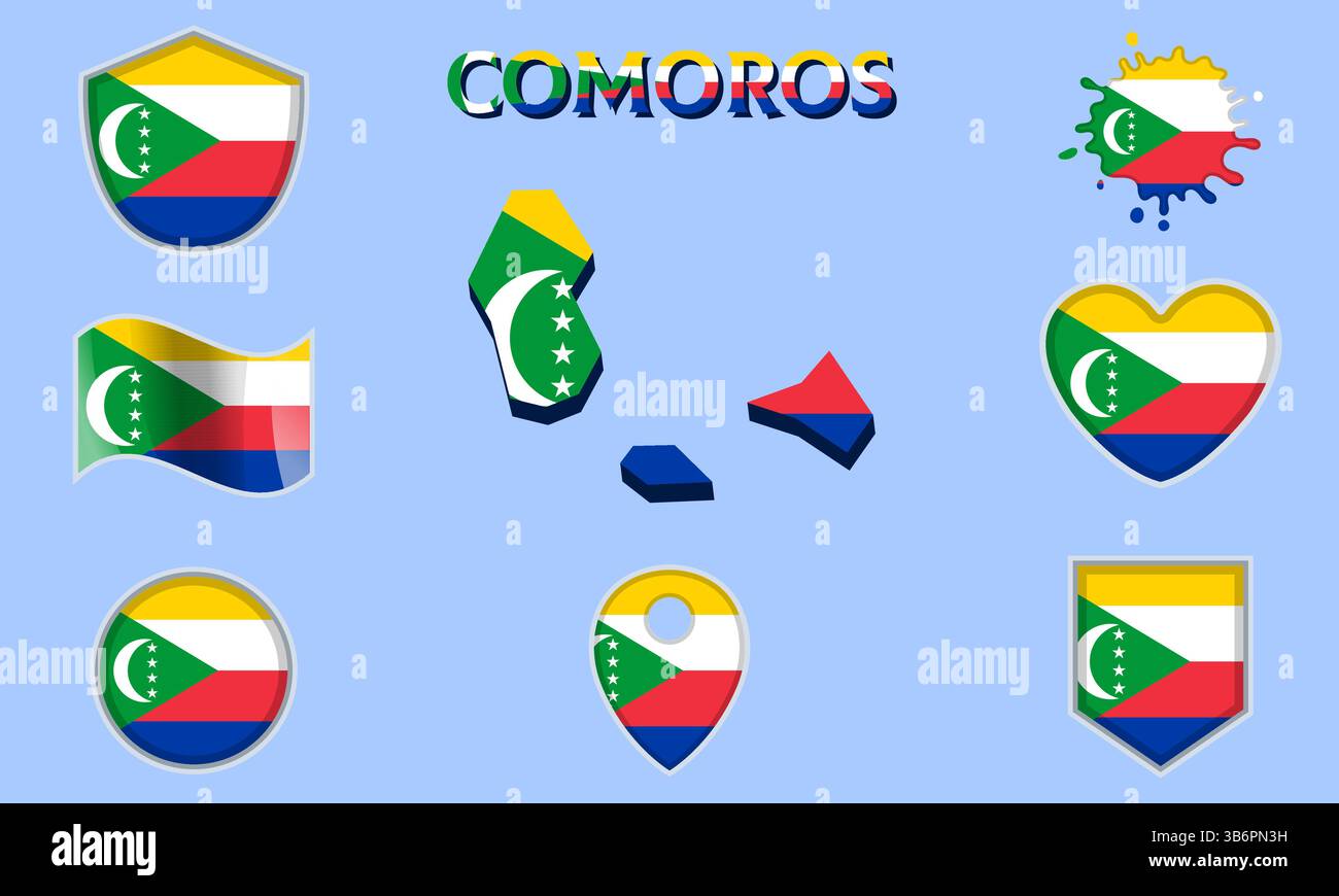 Collection of flags and coats of arms of Comoros in flat style with map and text Stock Vector ...