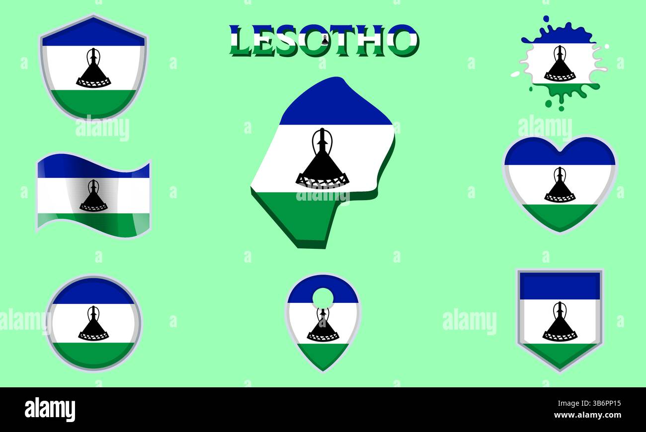 Collection of flags and coats of arms of Lesotho in flat style with map ...