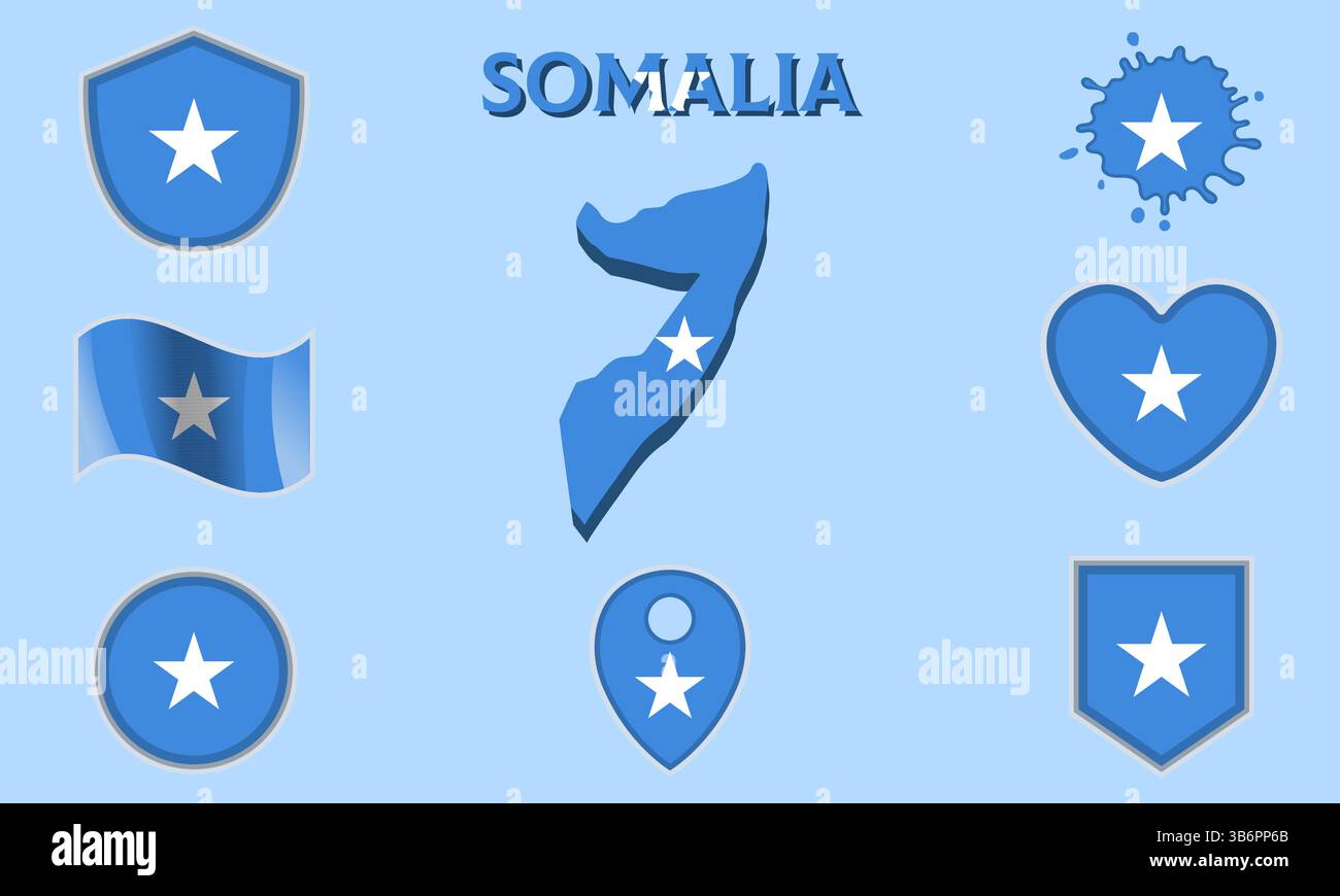 Collection of flags and coats of arms of Somalia in flat style with map ...