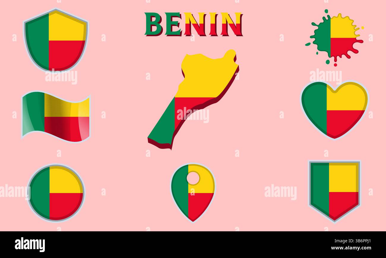 Collection of flags and coats of arms of Benin in flat style with map ...