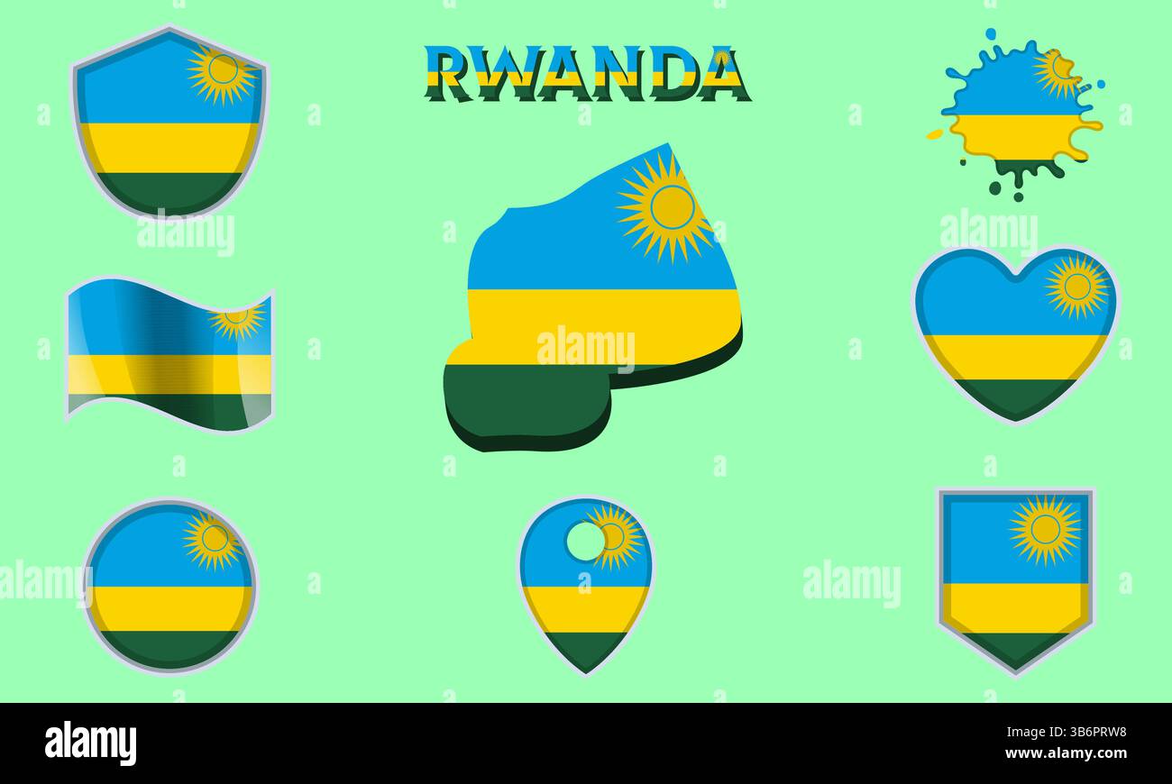 Collection of flags and coats of arms of Rwanda in flat style with map ...
