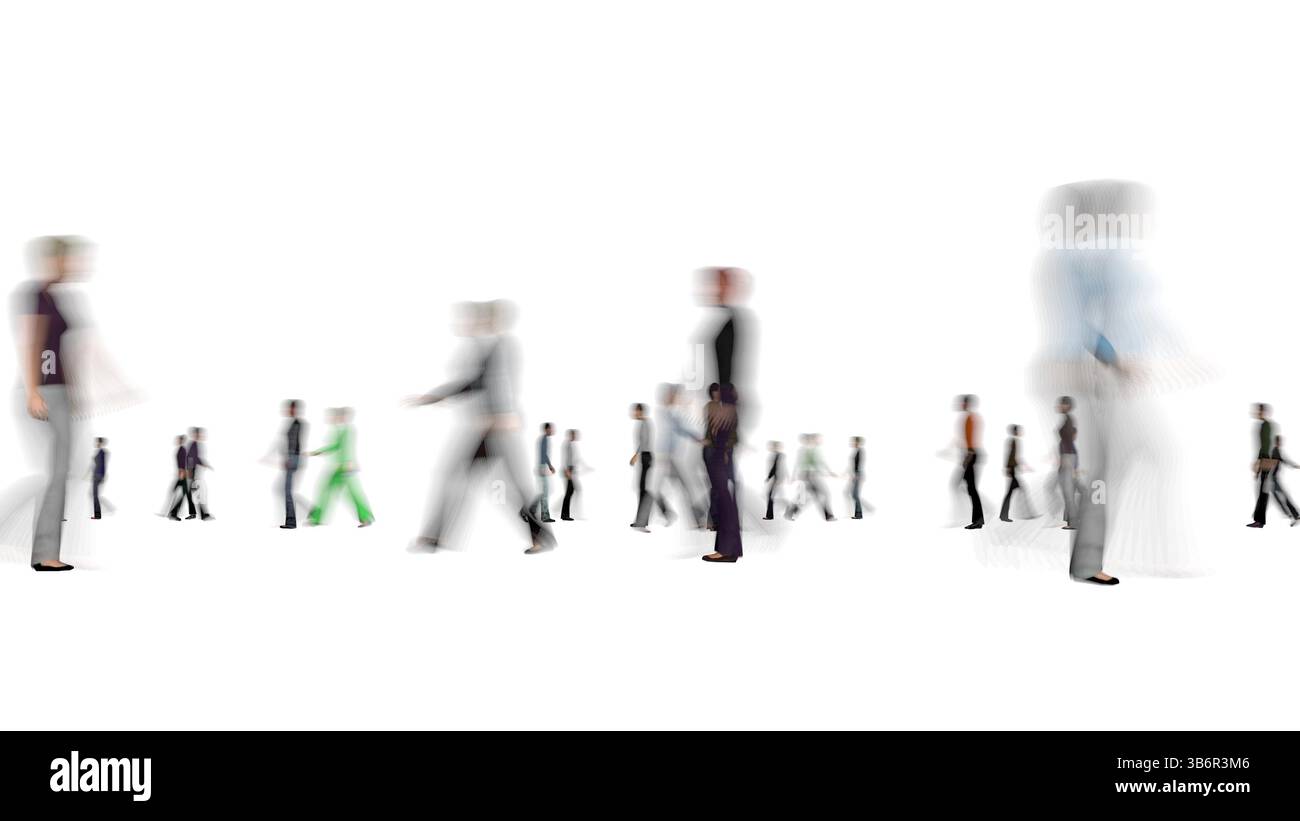 Blurred crowd of people walk on white bg 3d render Stock Photo - Alamy
