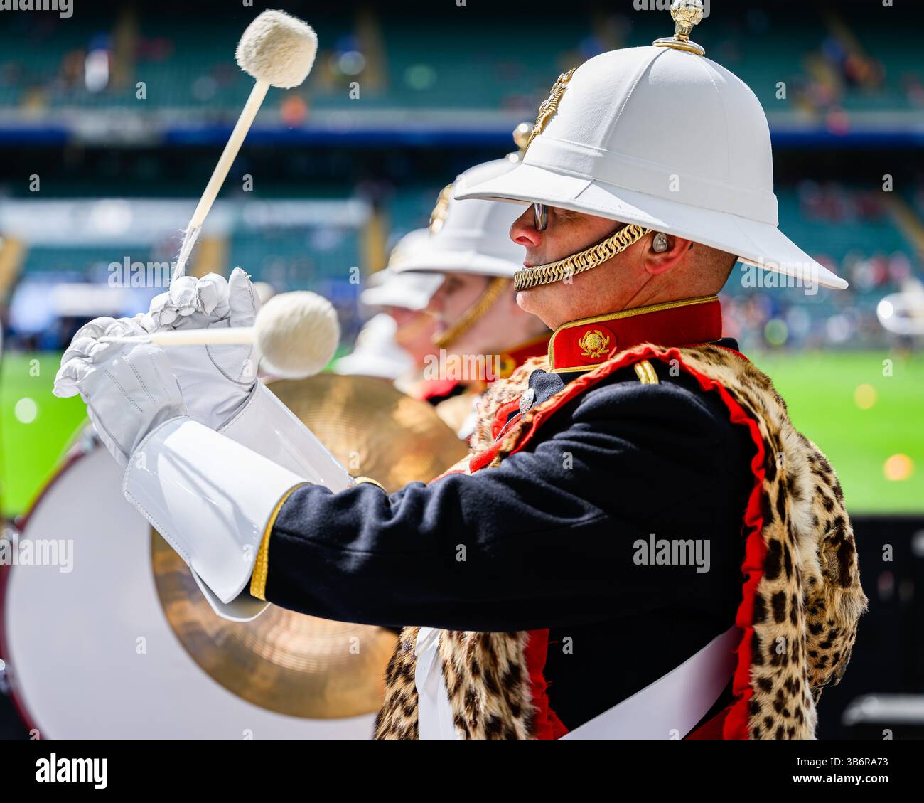 LONDON, UNITED KINGDOM. 03, May 25. A band men plays the drum during ...