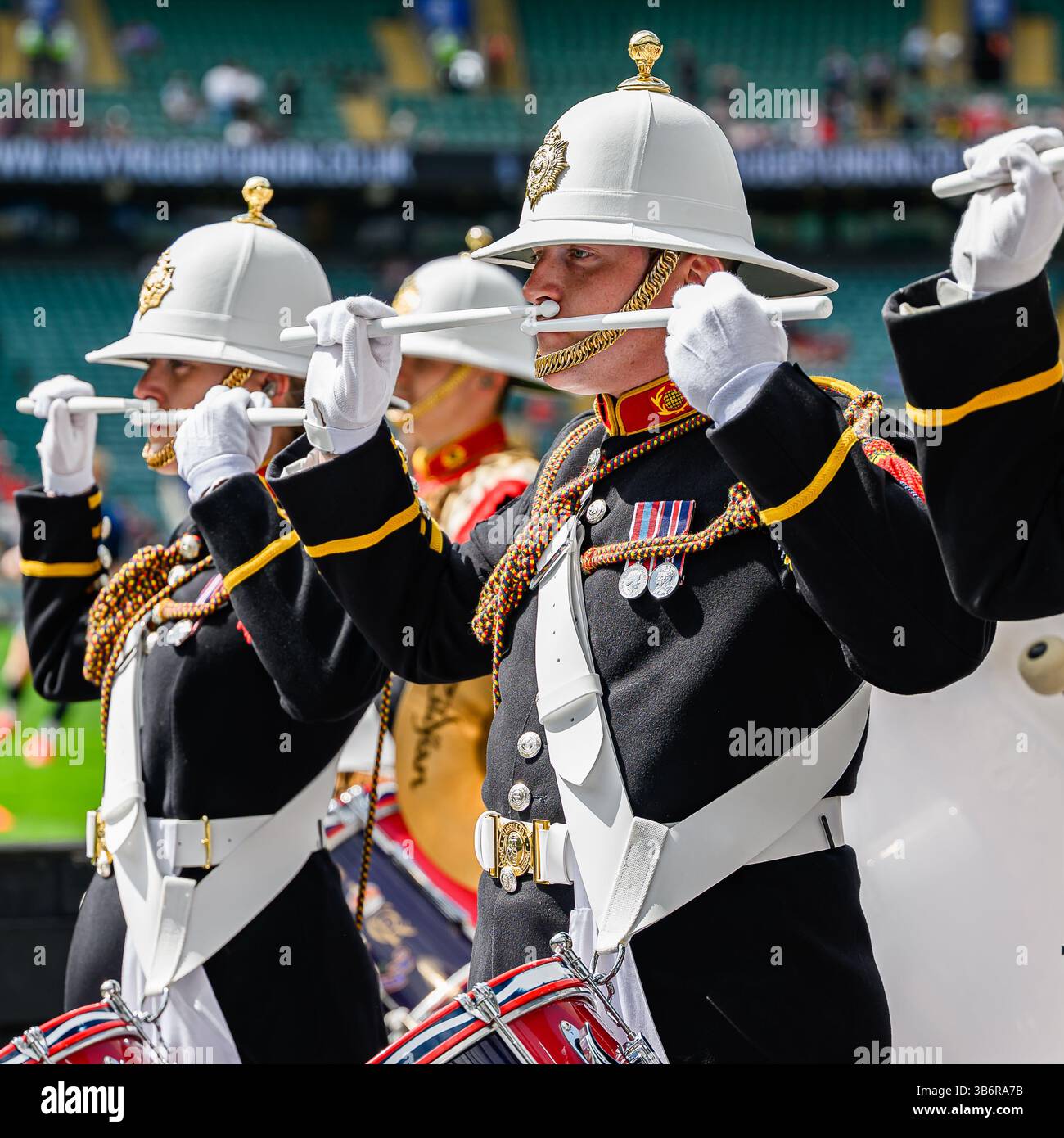LONDON, UNITED KINGDOM. 03, May 25. A band men plays the drum during ...