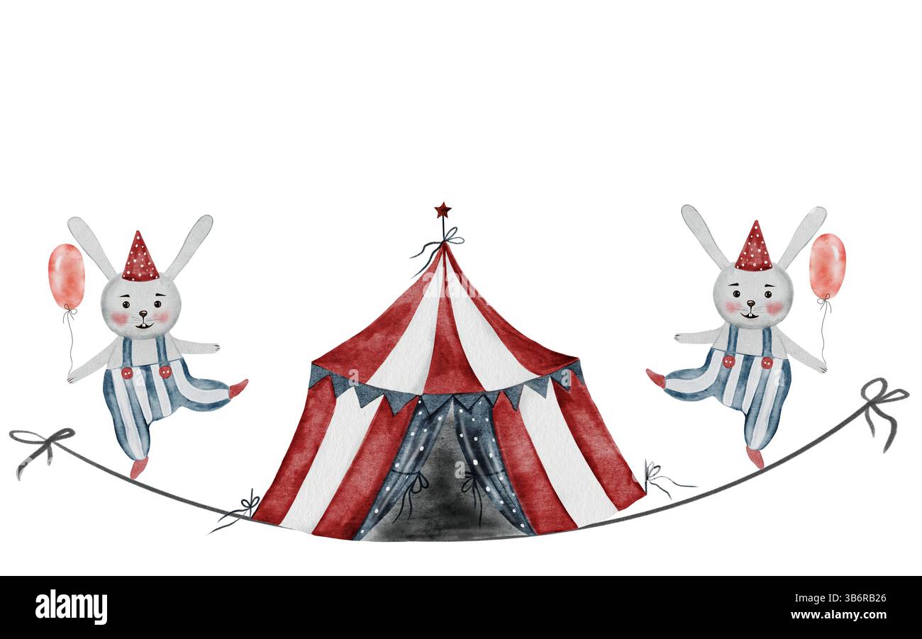 Cute circus watercolor banner. Rabbits acrobats and a tent. Hand drawn ...
