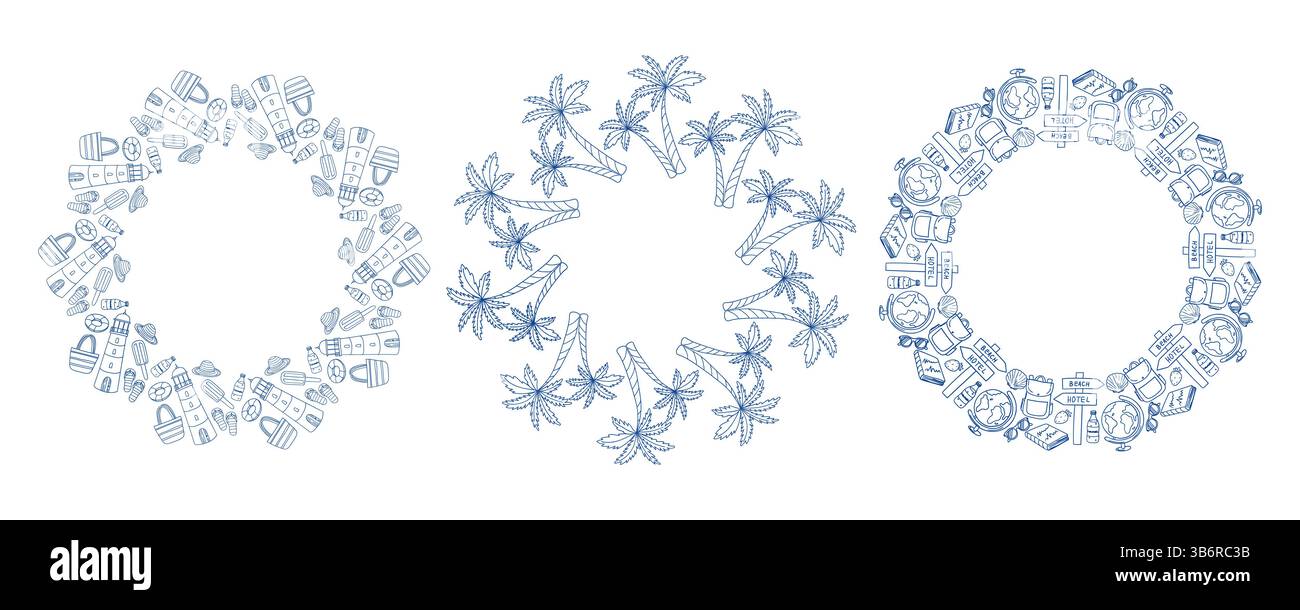 Tropical summer illustration with vacation icons in a circular design ...