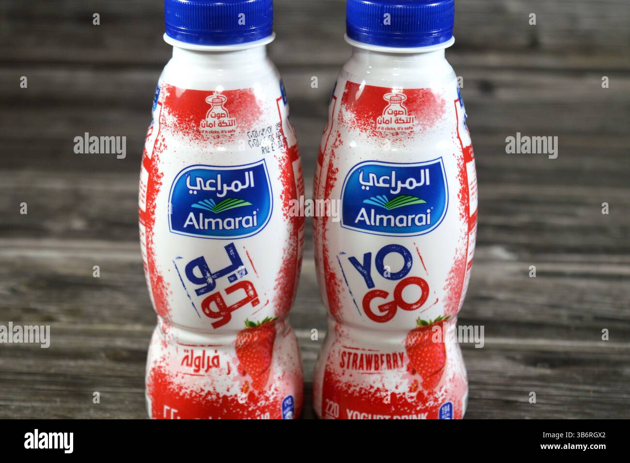 Cairo, Egypt, April 3 2025: Strawberry Almarai Yo Go Yogurt drink with sweet taste and real ...