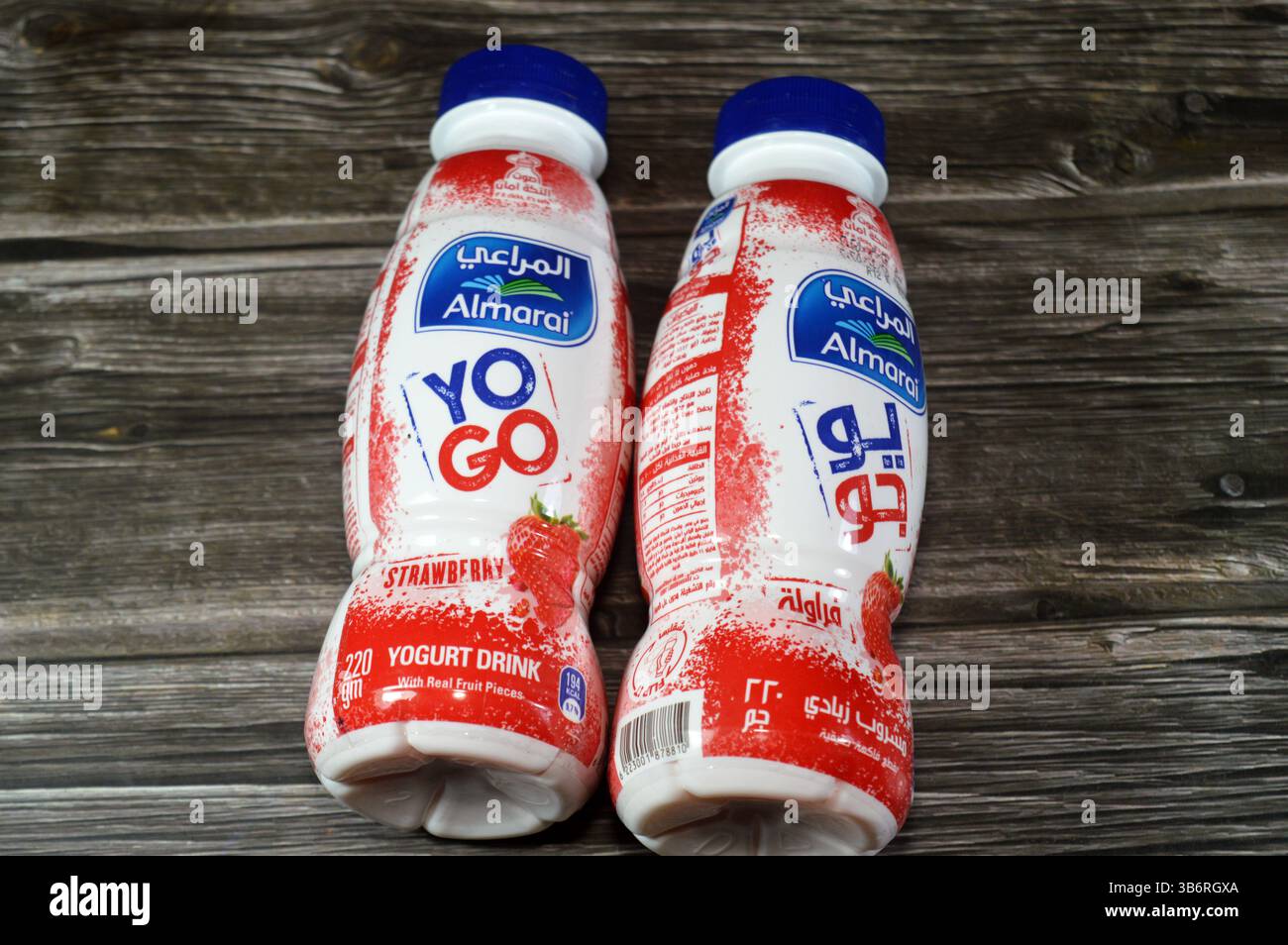 Cairo, Egypt, April 3 2025: Strawberry Almarai Yo Go Yogurt drink with sweet taste and real ...