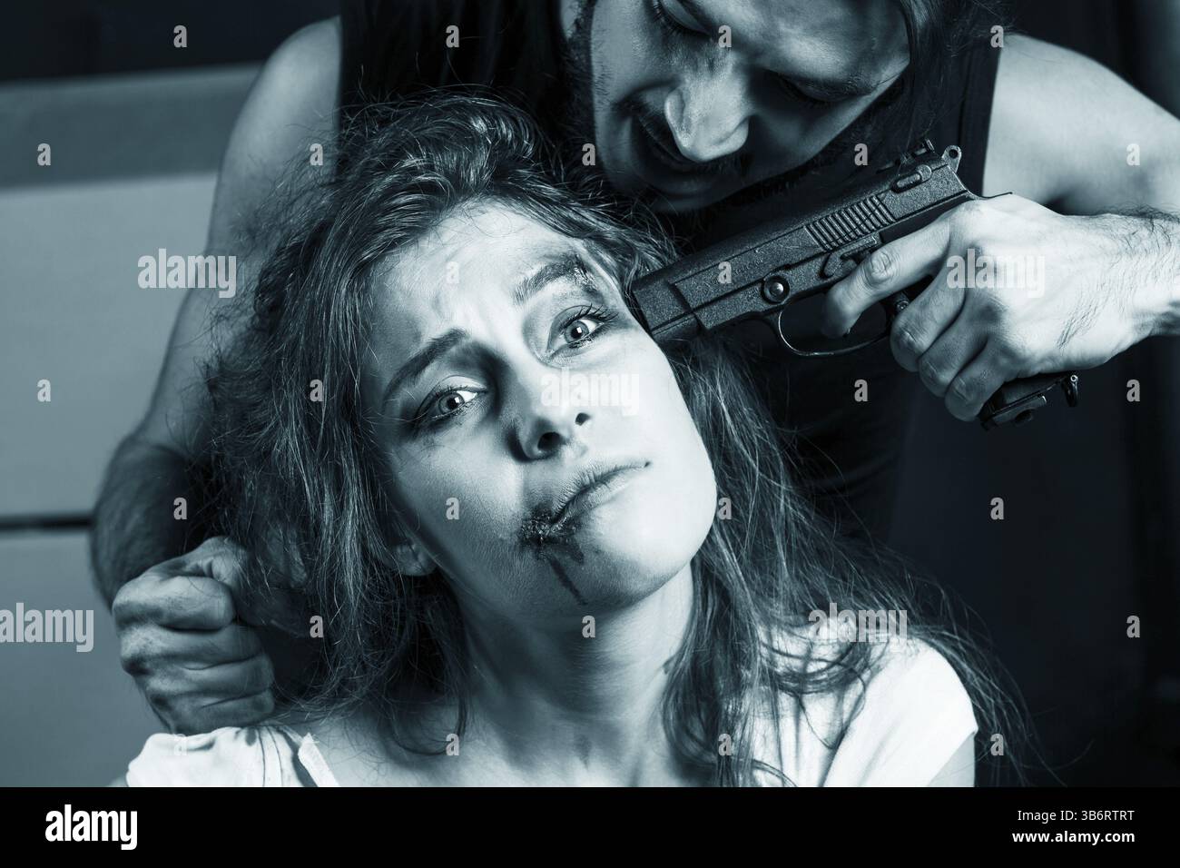 Crime. Beautiful girl kidnapped by criminals. Terrorist is threatening ...