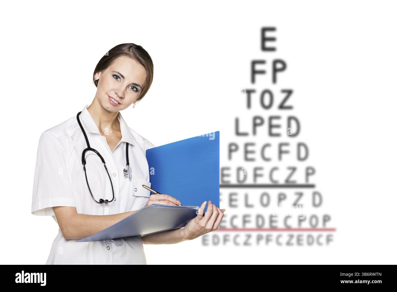 Doctor recording the results an eyesight test on the white background ...