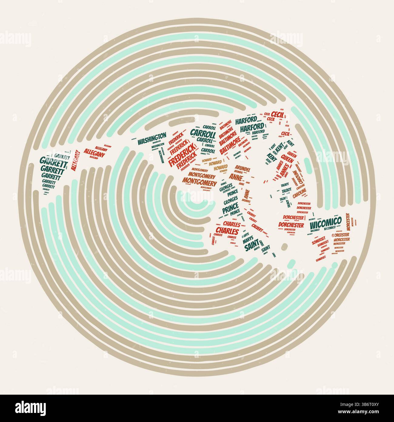 Maryland Round Poster. Typography style image of State. Counties word ...