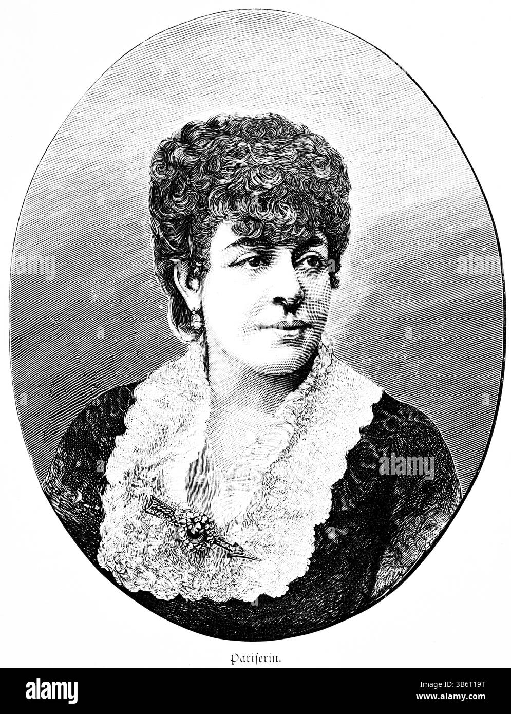 Portrait of a young Parisian woman, white frills, dress, brooch, side ...