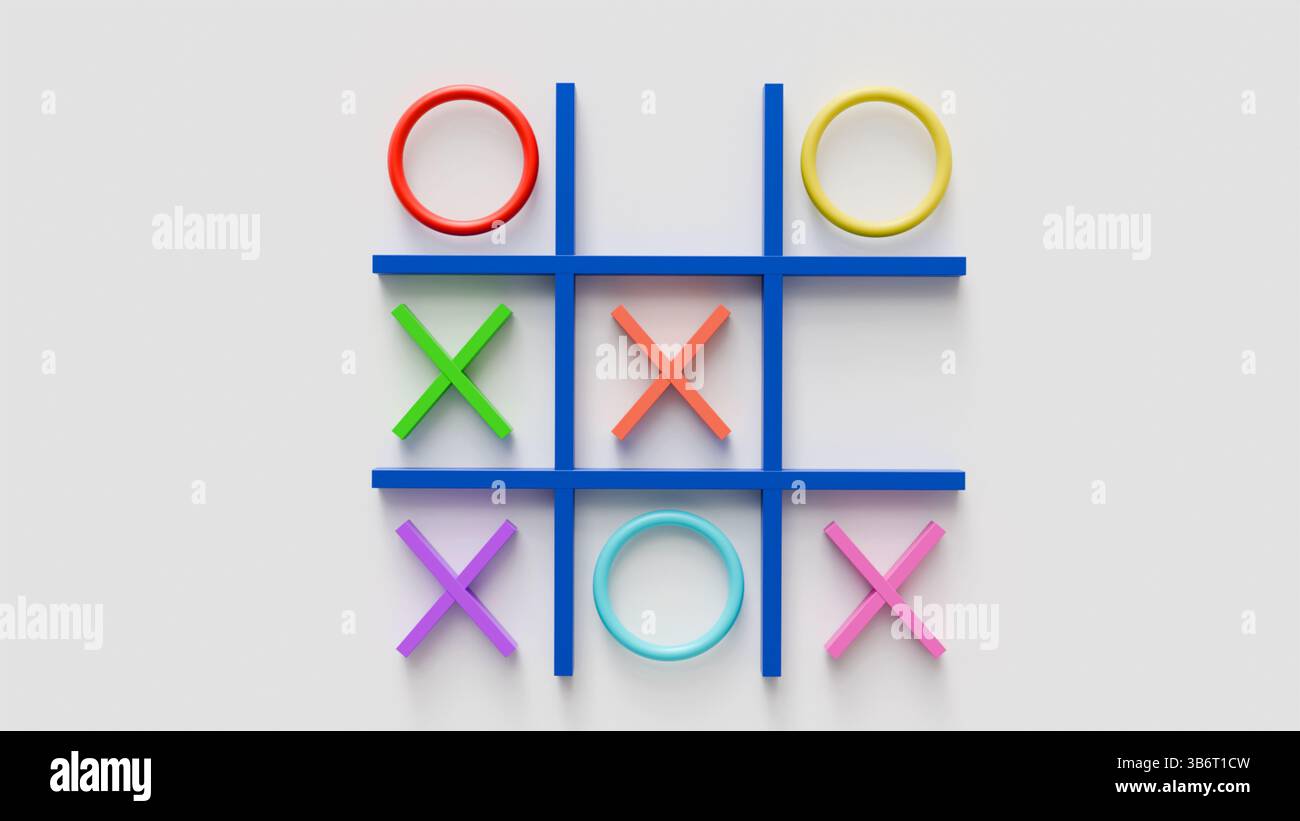 3D model of the classic tic-tac-toe game with multi-colored crosses and ...