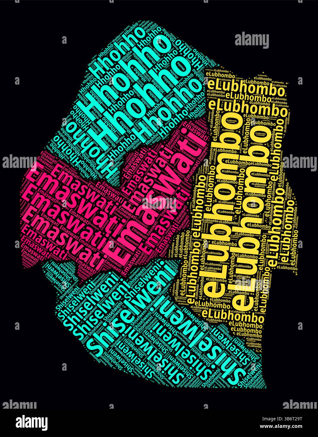 Eswatini Regions Word Clouds. Bright neon style design on dark ...