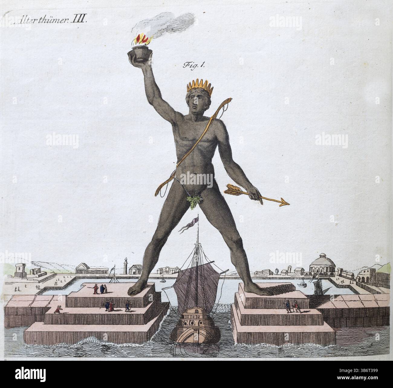 Colossus of Rhodes, seven wonders of the world, hand-coloured ...