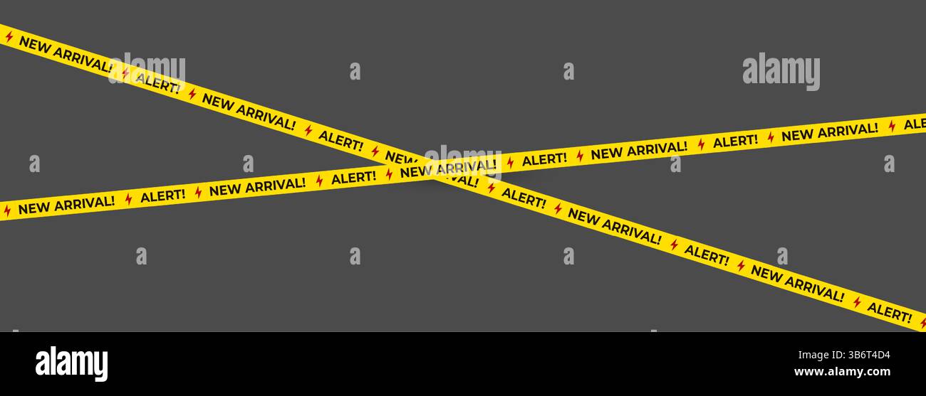 New arrival alert tape with lightning bolts and bold text. Eye-catching ...