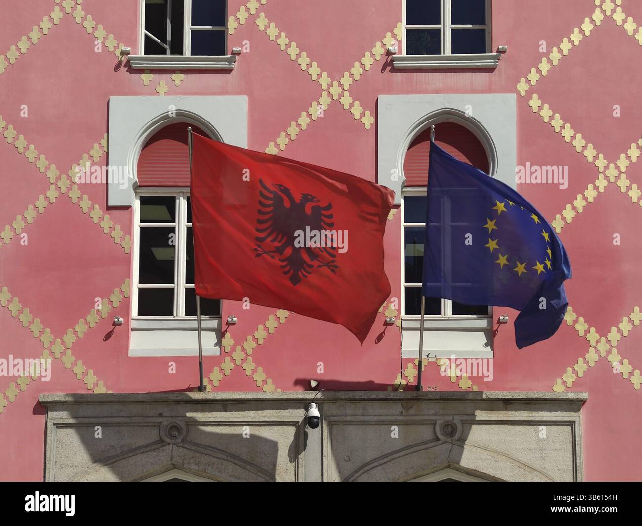National flag Albania and European flag, Tirana, Albania, Balkans ...