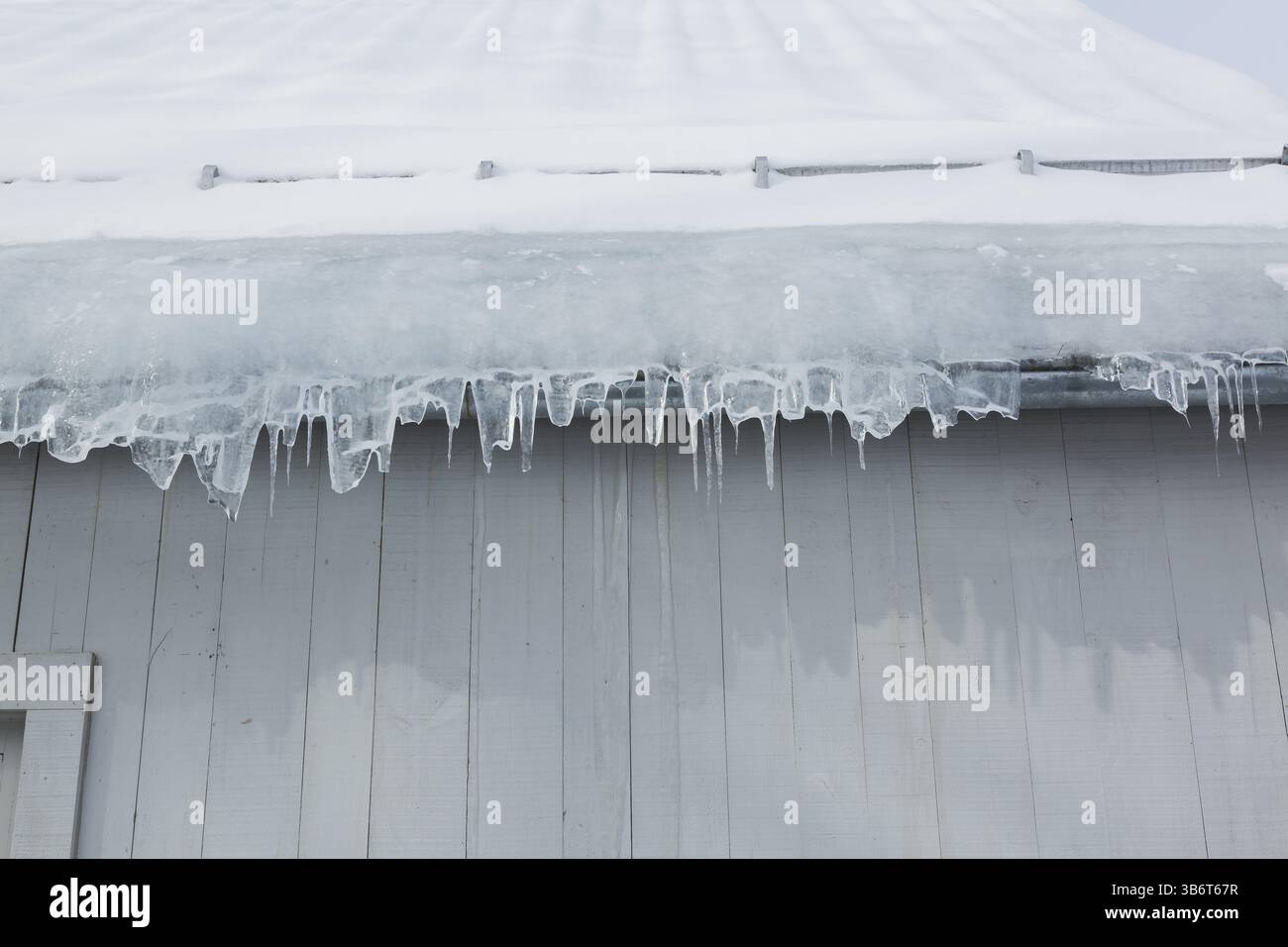 Icicles and thick heavy ice hanging from roof edge of grey wood plank ...