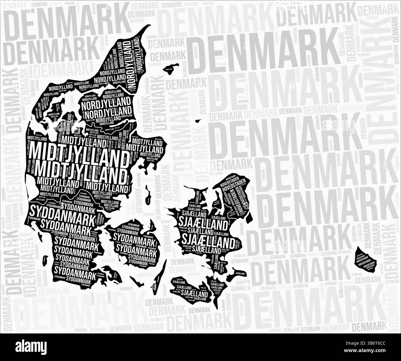 Denmark regions map word cloud. Denmark region names. Black and white map design. Creative ...
