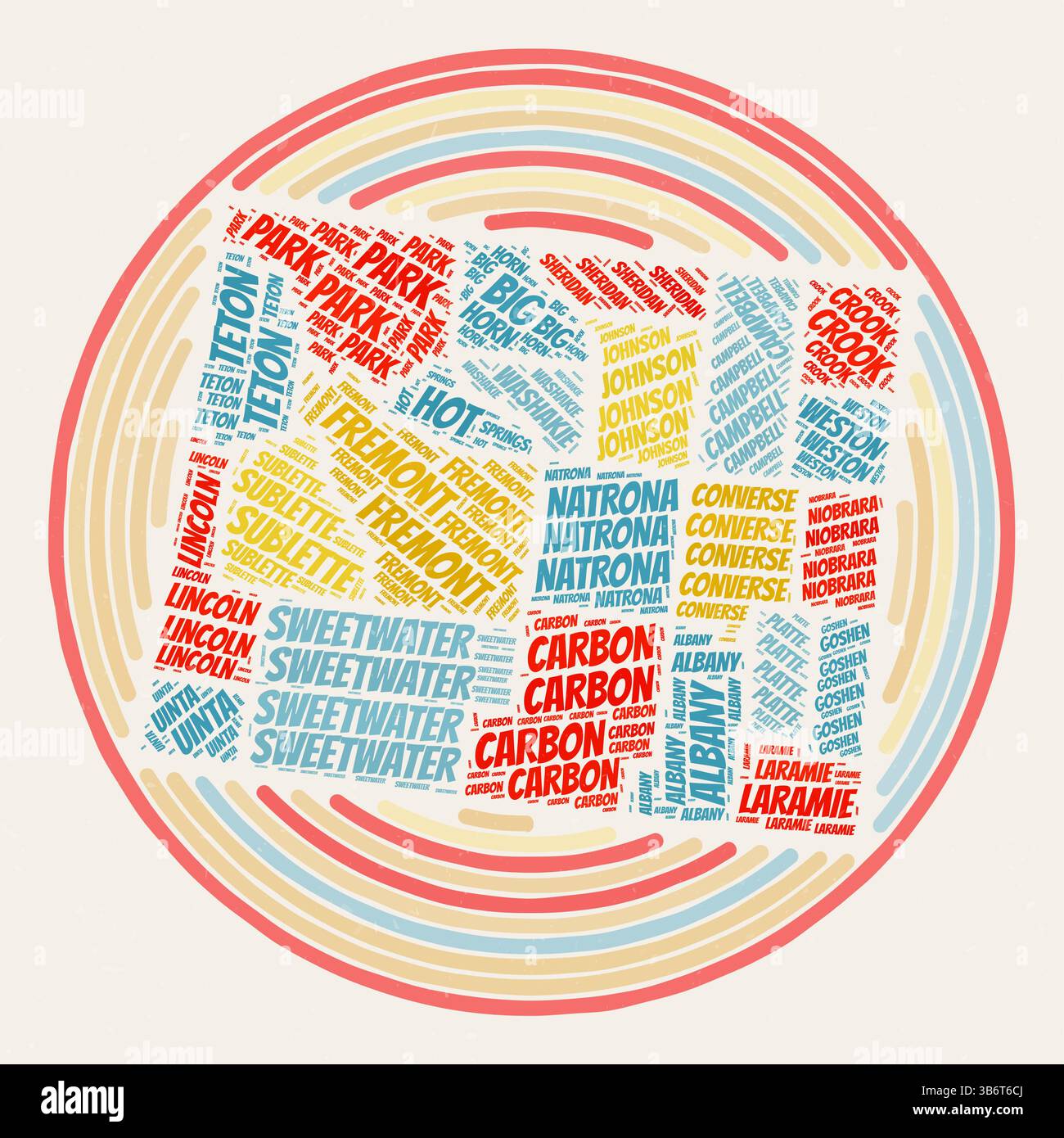 Wyoming Round Poster. Typography style image of State. Counties word ...