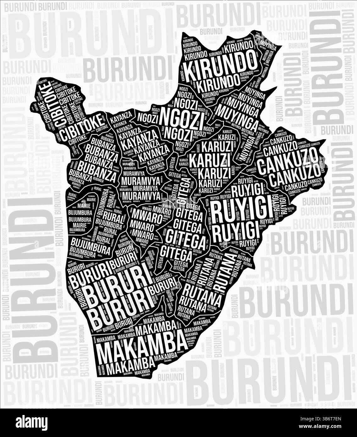 Burundi regions map word cloud. Burundi region names. Black and white ...