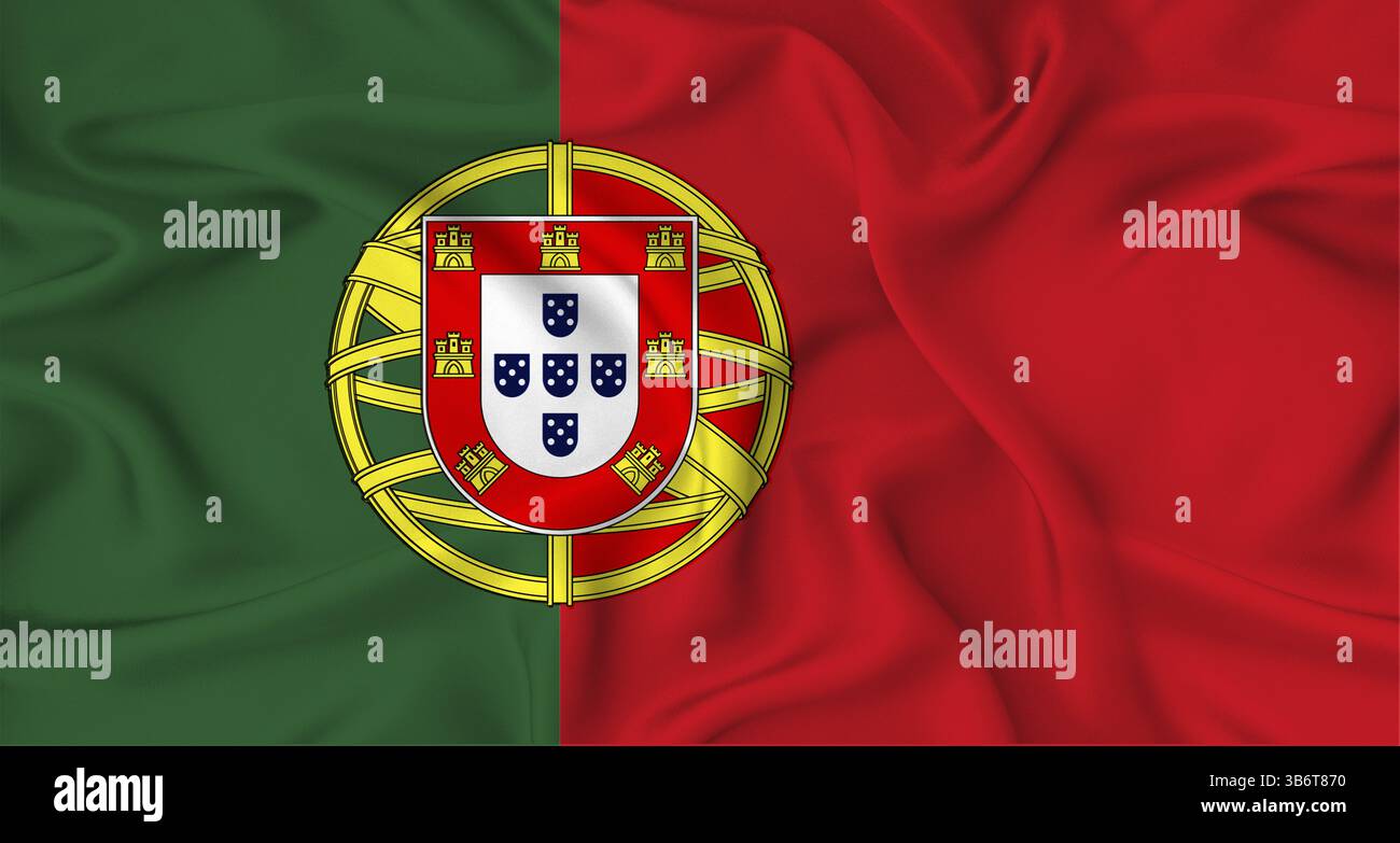 Realistic Portugal flag waving. Close up of flag of Portugal with cloth ...