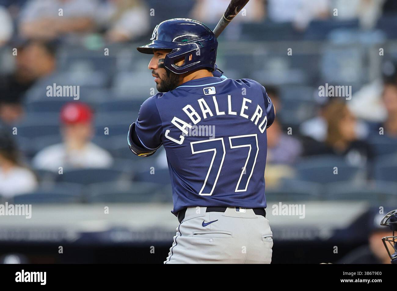 BRONX, NY - MAY 02: José Caballero #77 of the Tampa Bay Rays at bat during the game against the ...