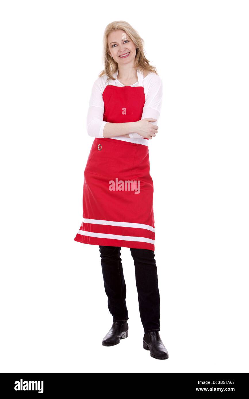 Blond woman wearing red apron on white isolated background, Toronto ...