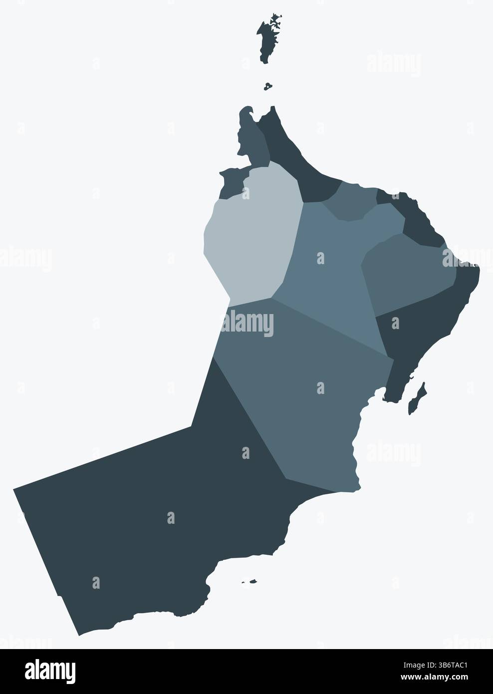 Map of Oman with regions. Just a simple country border map with region division. Blue grey color ...