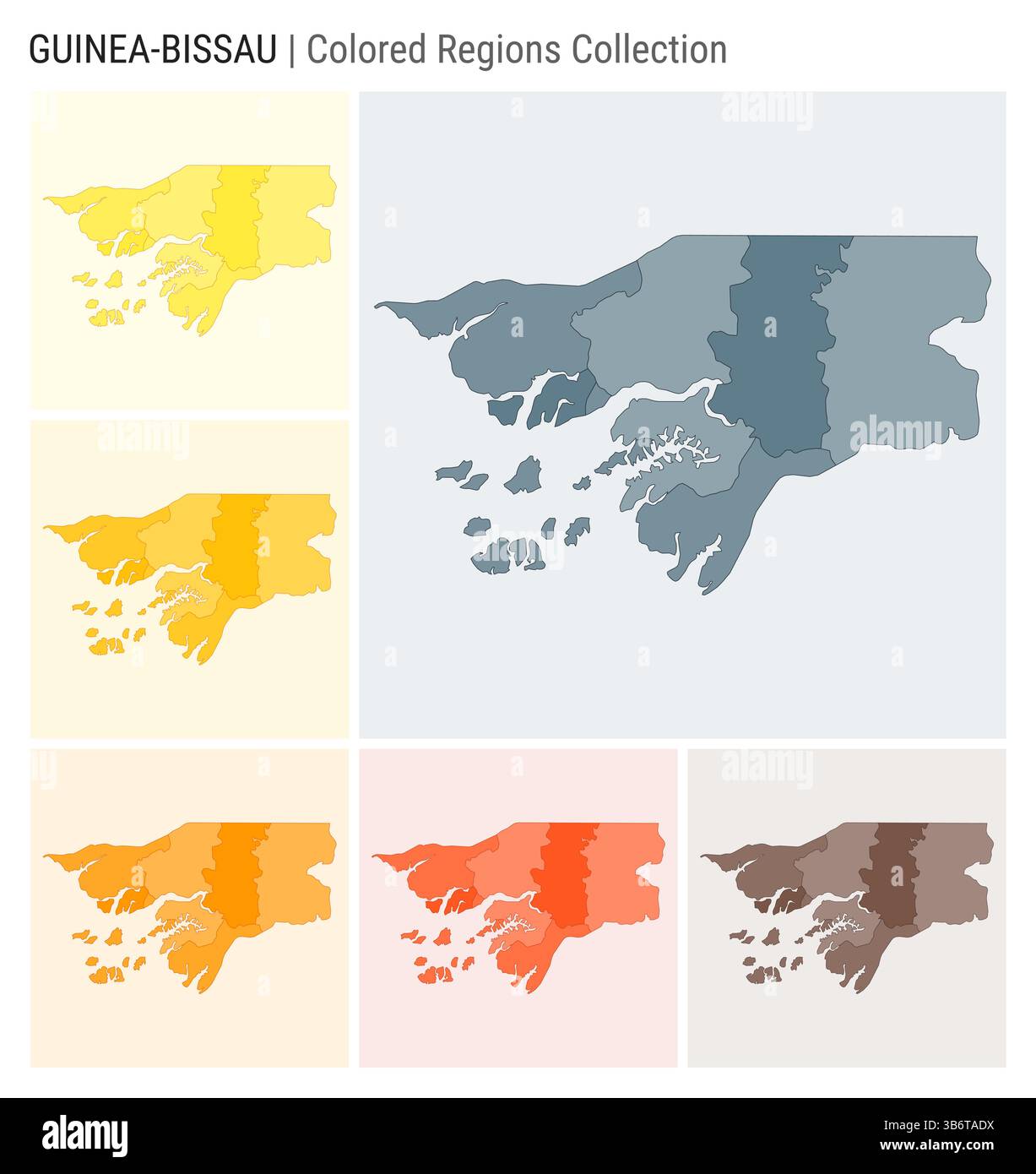 Guinea-Bissau map collection. Country shape with colored regions. Blue ...