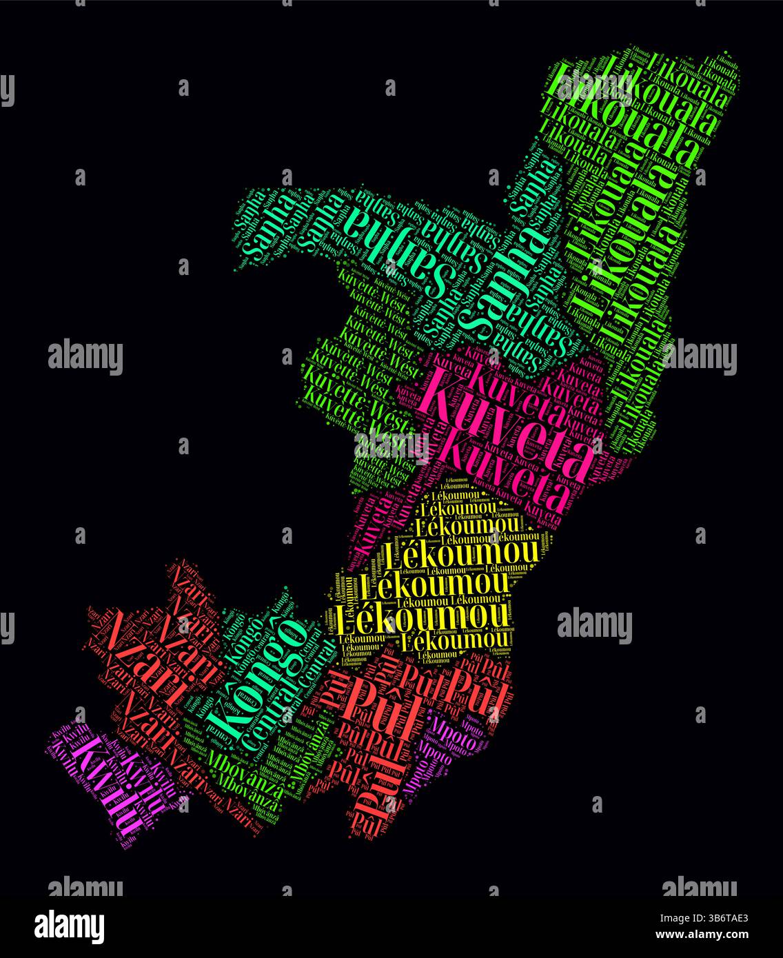 Republic of the Congo Regions Word Clouds. Bright neon style design on ...