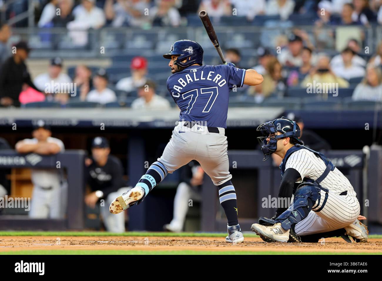 BRONX, NY - MAY 02: José Caballero #77 of the Tampa Bay Rays at bat during the game against the ...