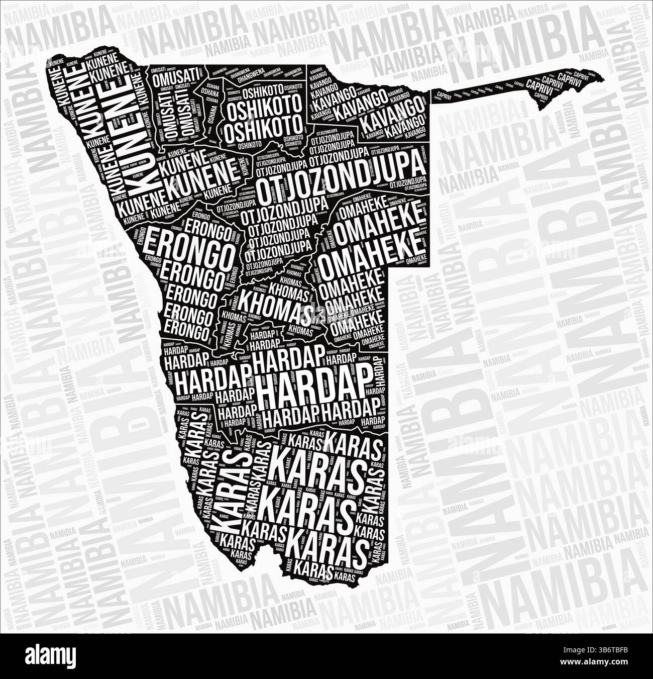 Namibia regions map word cloud. Namibia region names. Black and white ...