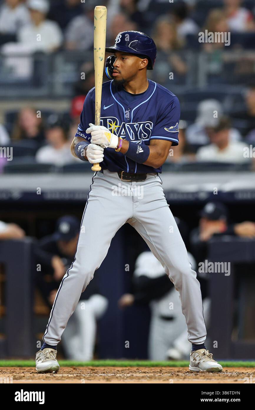 BRONX, NY - MAY 02: Chandler Simpson #14 of the Tampa Bay Rays at bat ...