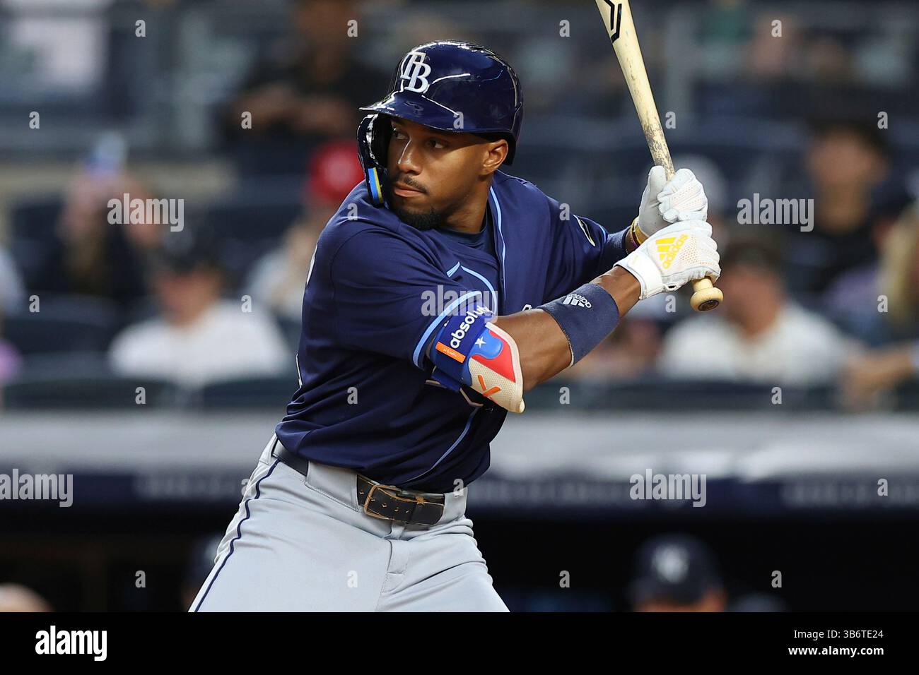BRONX, NY - MAY 02: Chandler Simpson #14 of the Tampa Bay Rays at bat ...