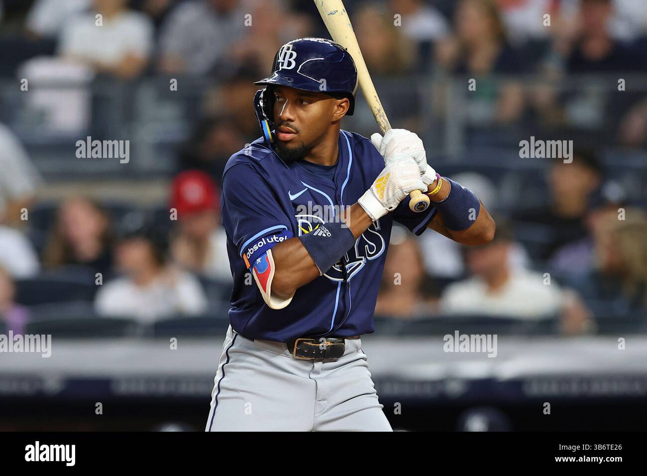 BRONX, NY - MAY 02: Chandler Simpson #14 of the Tampa Bay Rays at bat ...