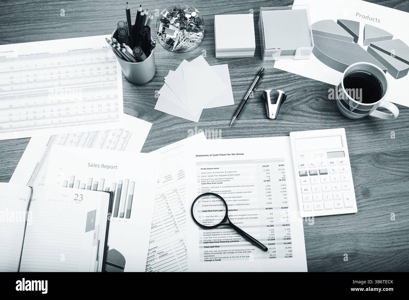 Office table. Desk office financial accounting graphs analysis Stock ...
