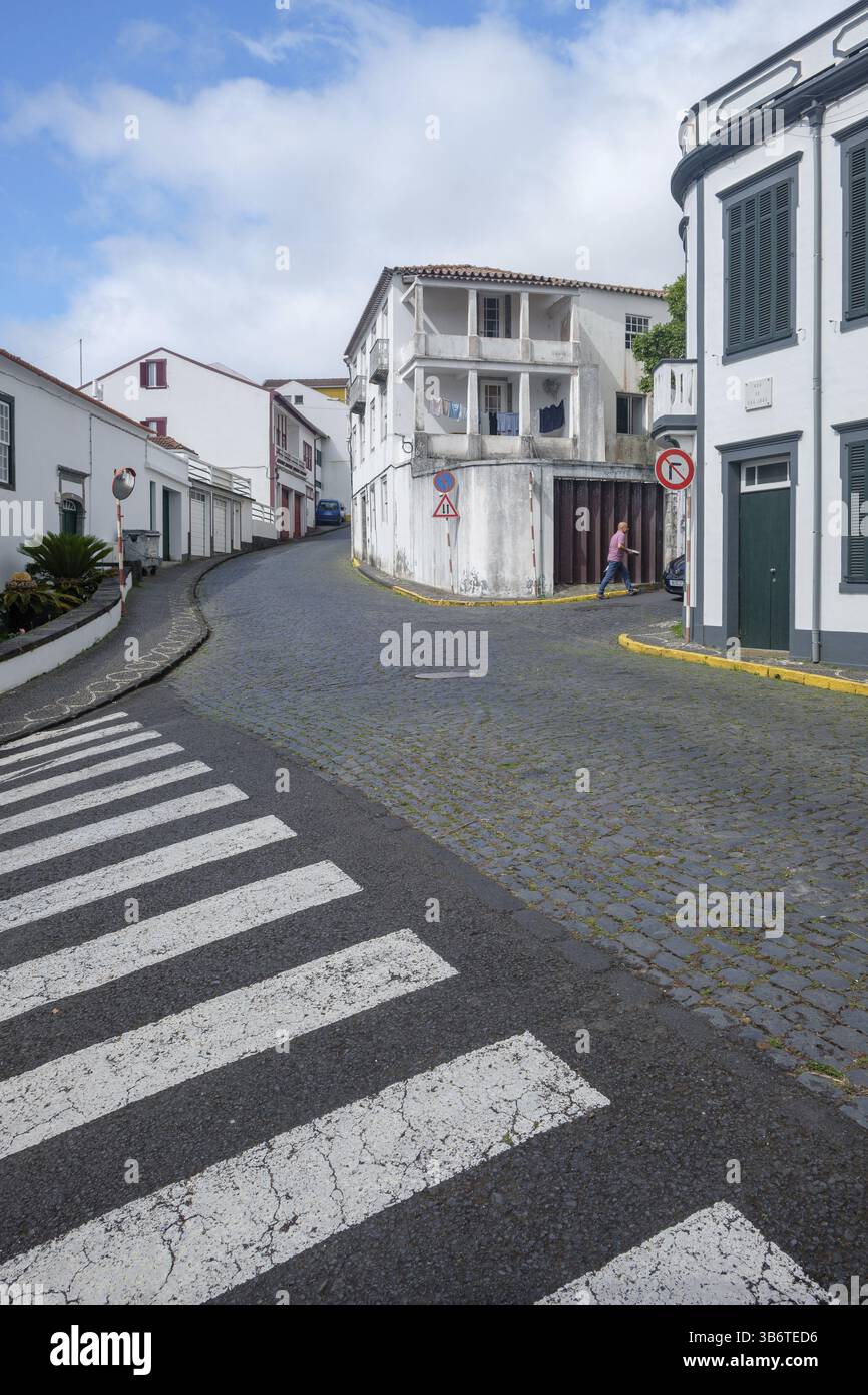A picturesque street scene in Horta, located on Faial Island in the ...