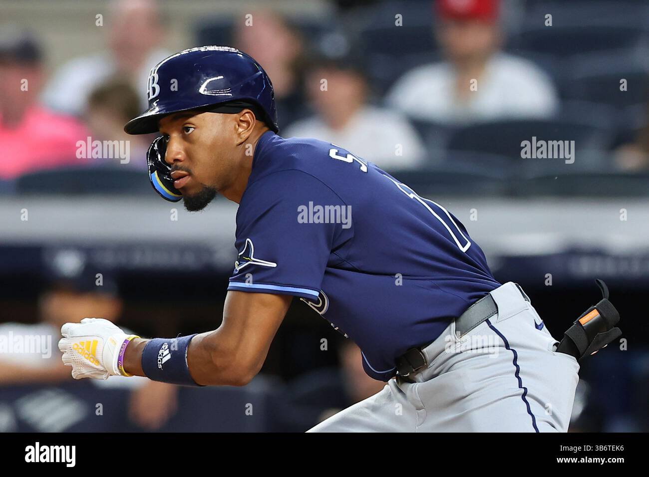 BRONX, NY - MAY 02: Chandler Simpson #14 of the Tampa Bay Rays at bat ...