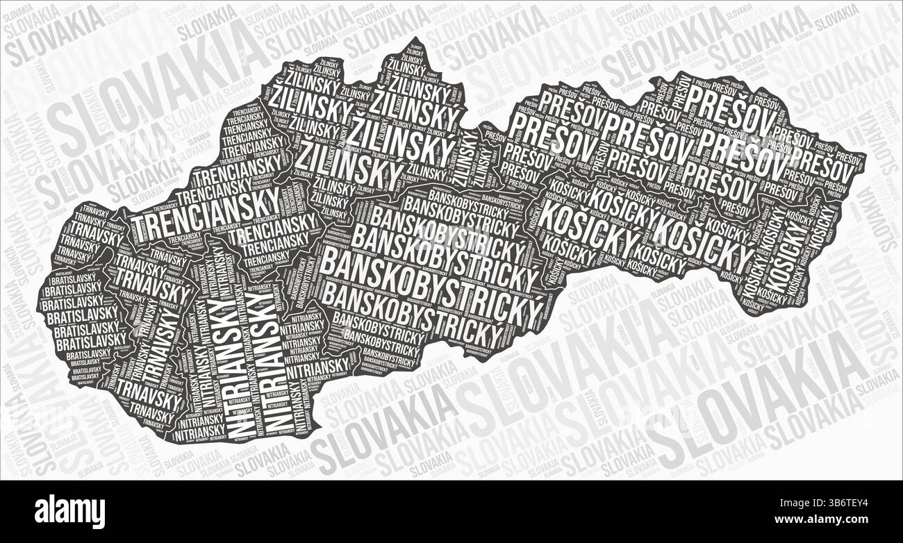 Slovakia regions map word cloud. Slovakia region names. Black and white ...