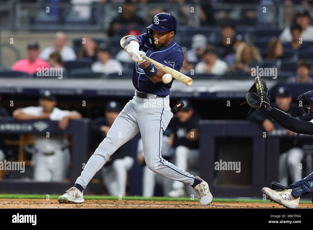 BRONX, NY - MAY 02: Chandler Simpson #14 of the Tampa Bay Rays at bat ...