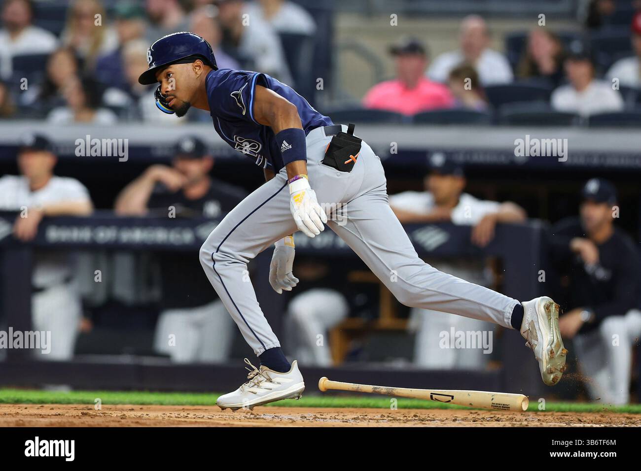 BRONX, NY - MAY 02: Chandler Simpson #14 of the Tampa Bay Rays at bat ...