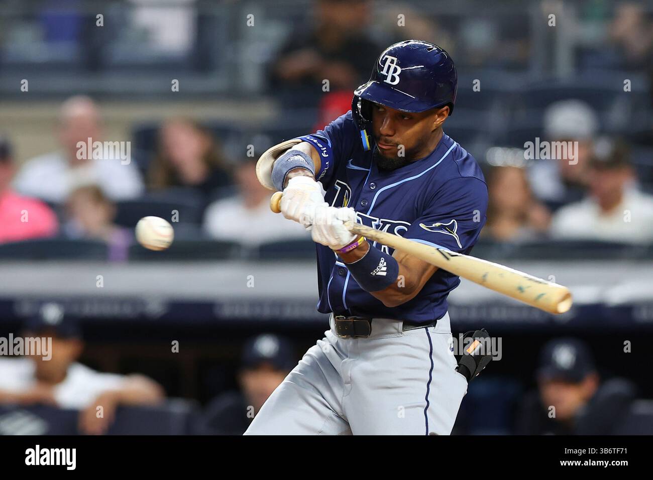 BRONX, NY - MAY 02: Chandler Simpson #14 of the Tampa Bay Rays at bat ...