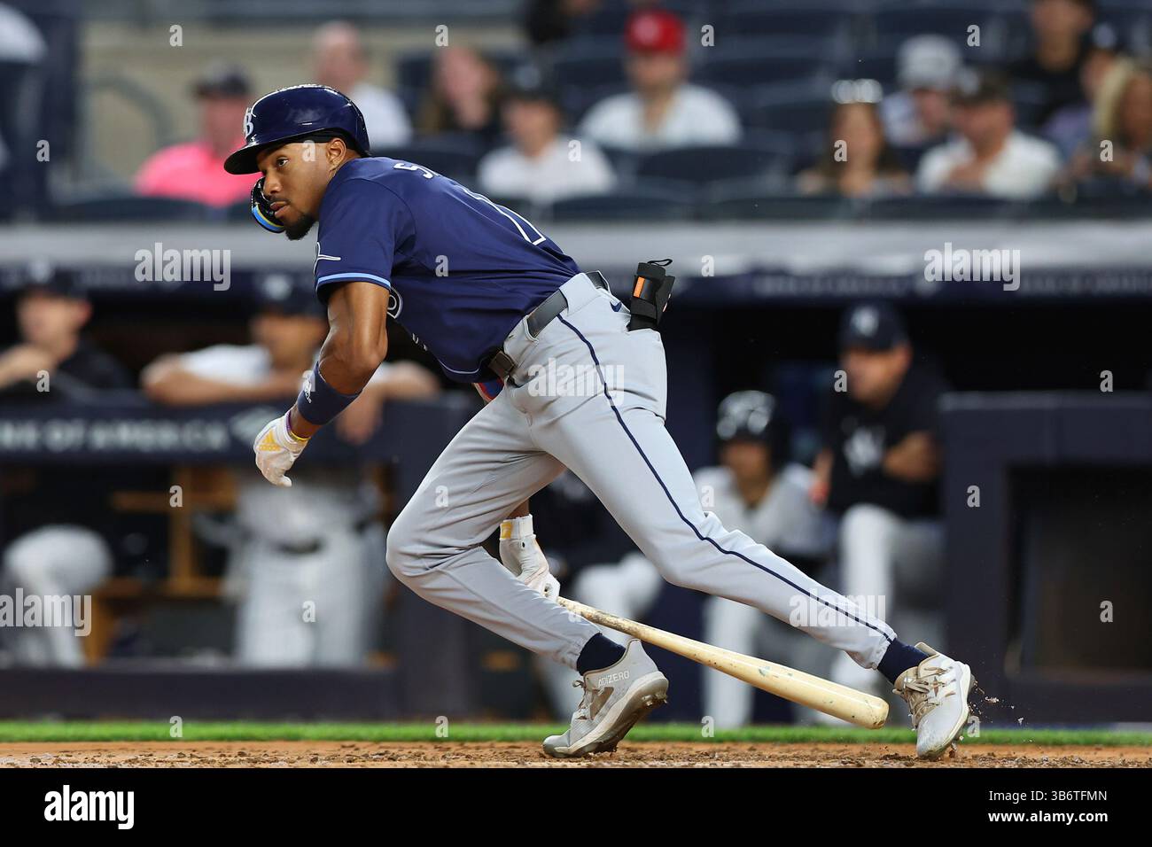 BRONX, NY - MAY 02: Chandler Simpson #14 of the Tampa Bay Rays at bat ...