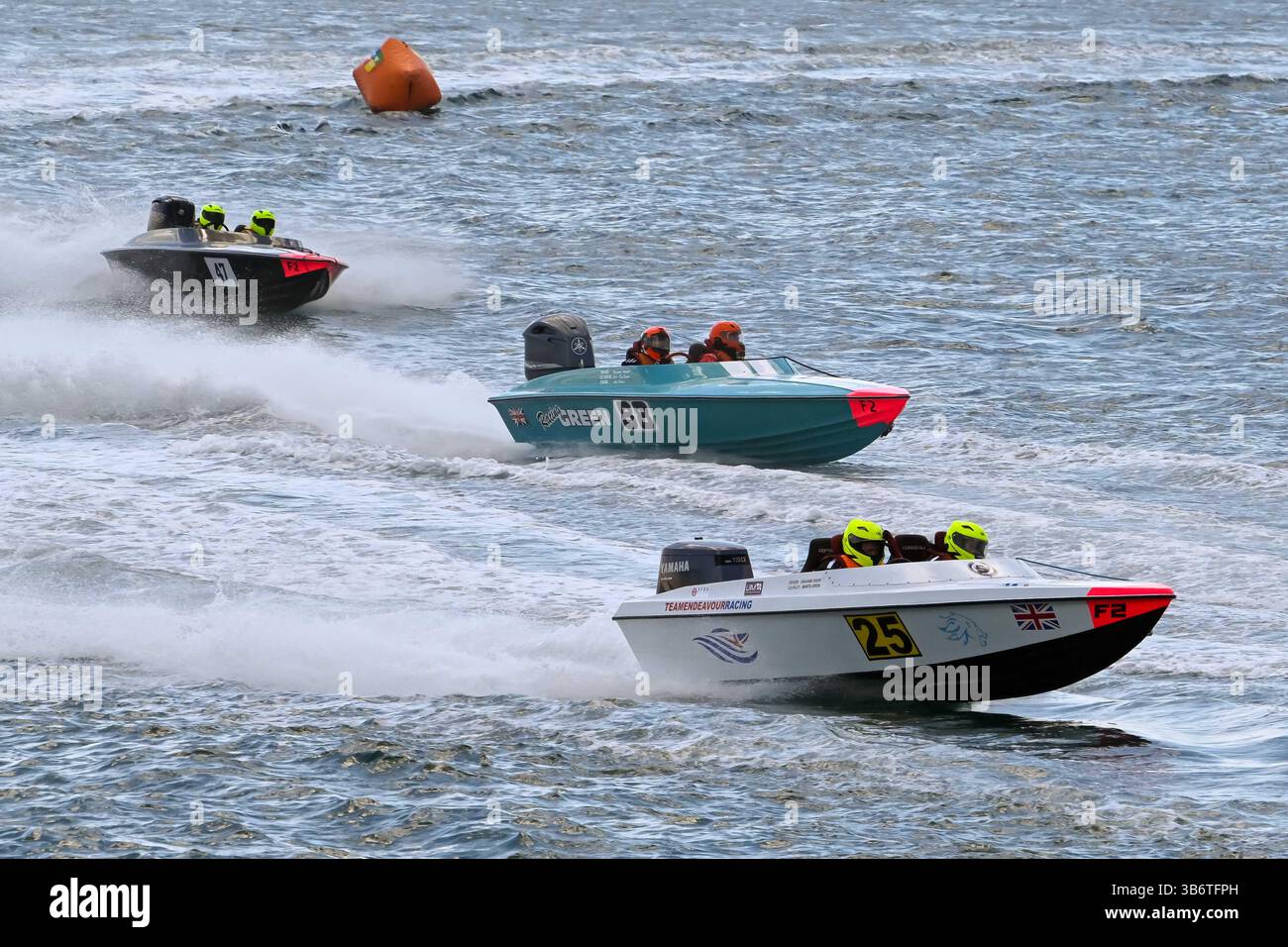 West Bay, Dorset, UK. 4th May 2025. UK Weather. Power boat competitors ...