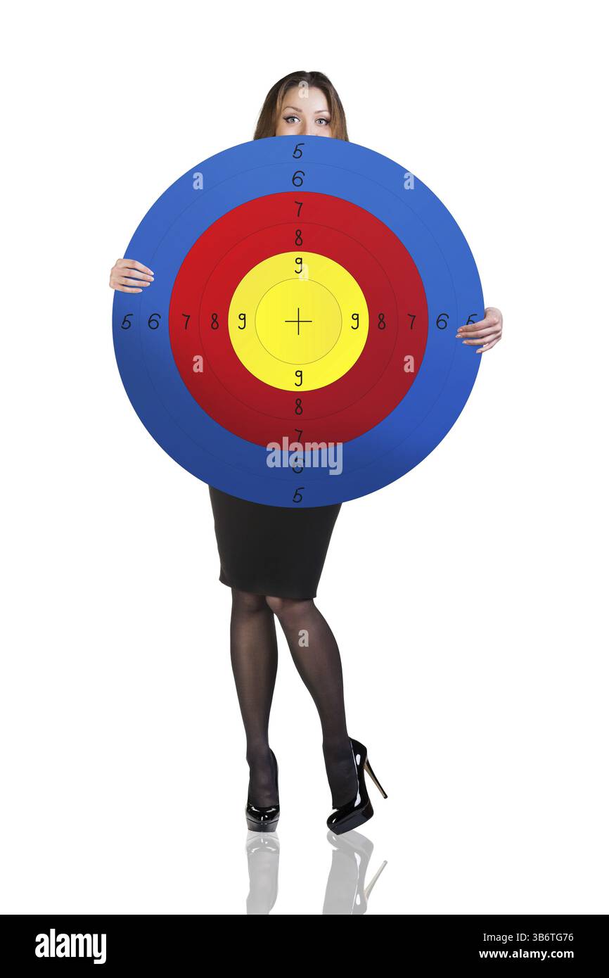 Business woman holding big target on the white background Stock Photo ...
