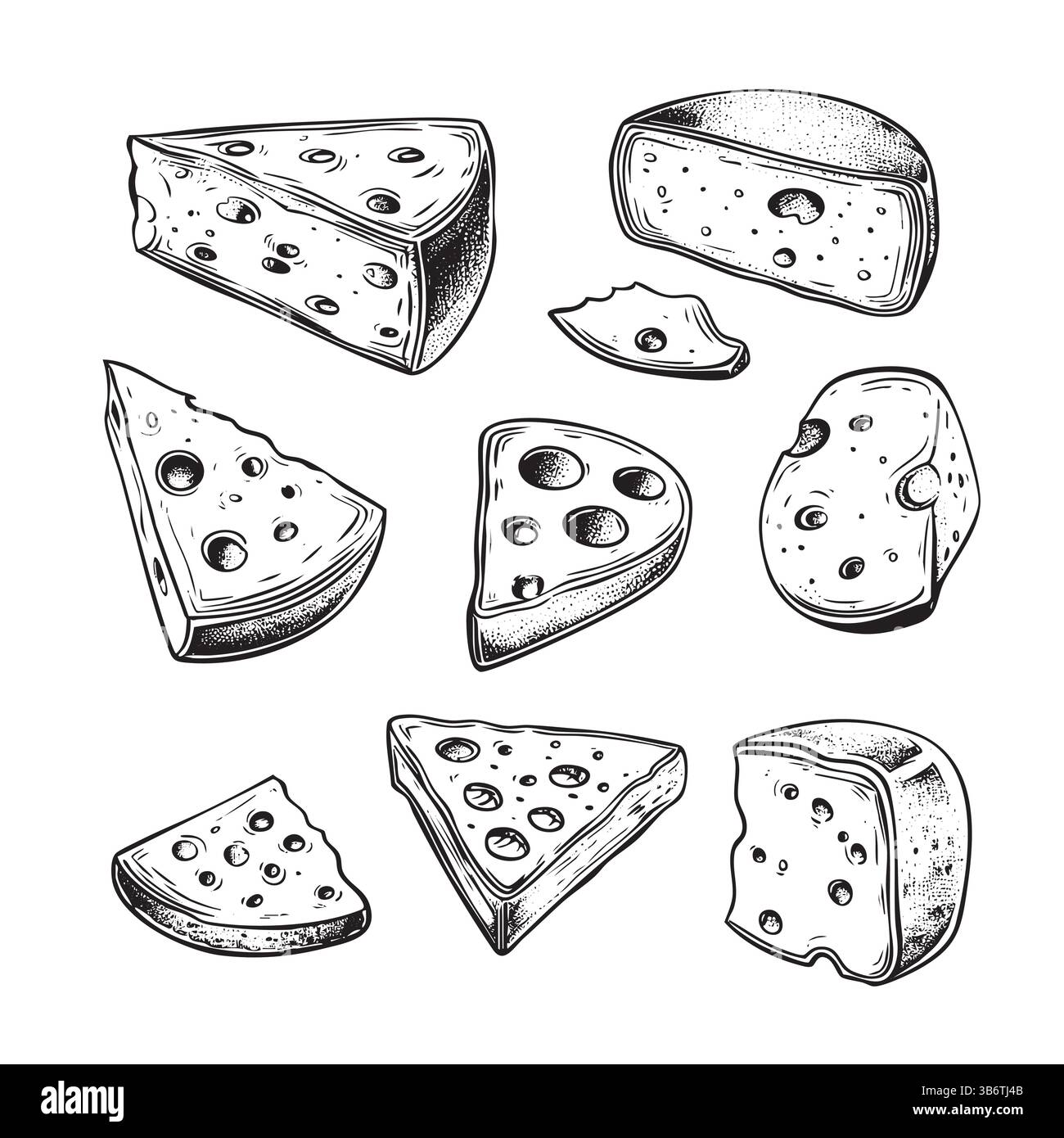 Various cheeses hand engraving set. Dairy products ink sketch. Cheese ...